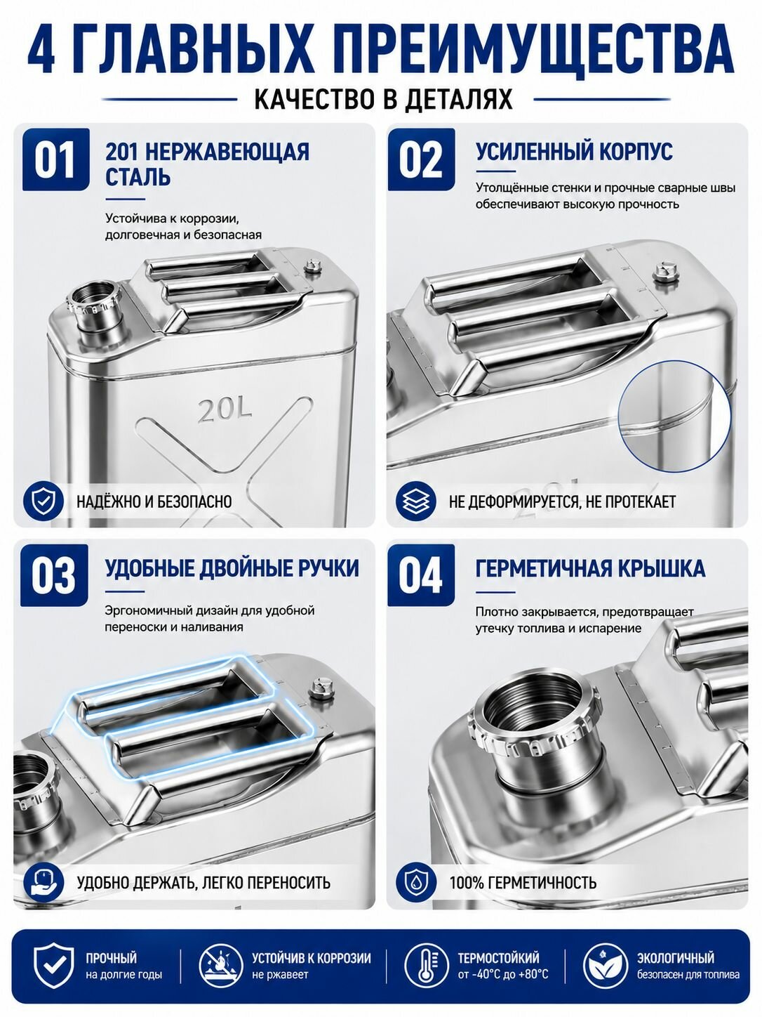 Канистра, для бензина, масел, нержавеющая сталь, 20л, герметичная, с шлангом — фото 1