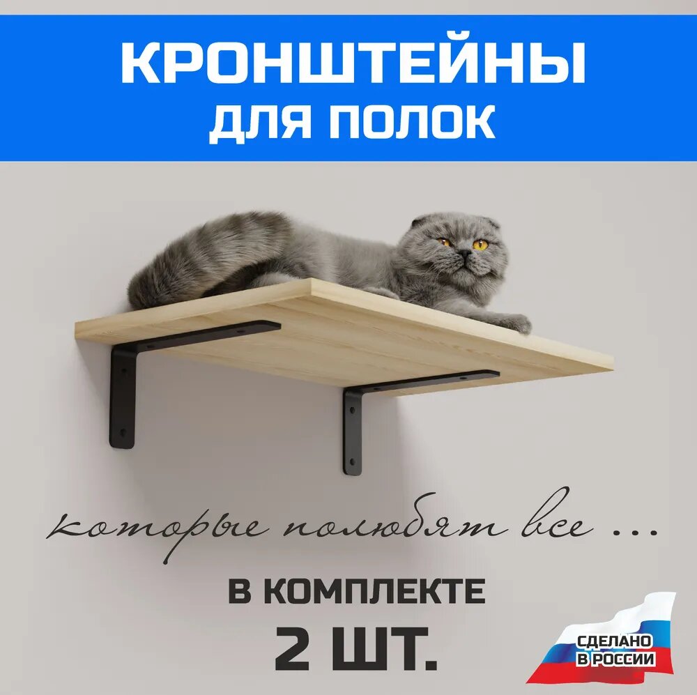 Кронштейн для полки от 20 до 30 см, комплект 2 шт, сталь 4 мм, полкодержатель металлический черный размер 200х100х30 мм