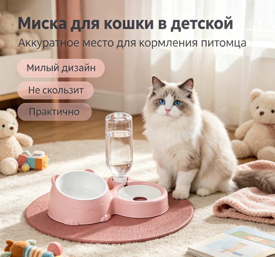 Двойная миска в форме кошачьих ушей для домашних животных, автоматическая поилка для воды и еды.