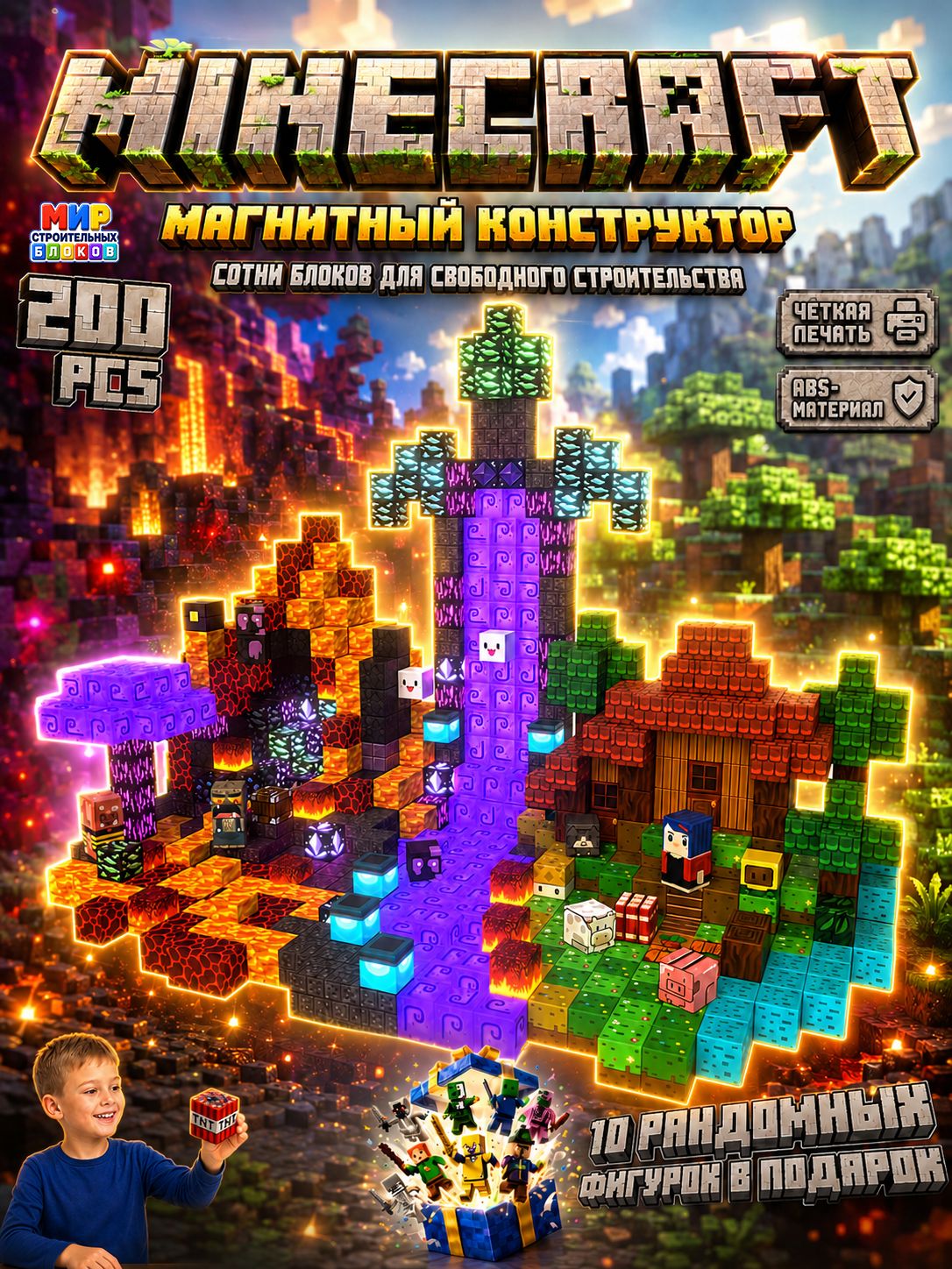 Магнитный конструктор, Майнкрафт, Minecraft, 200 блоков + 10 фигурок, в подарочной коробке