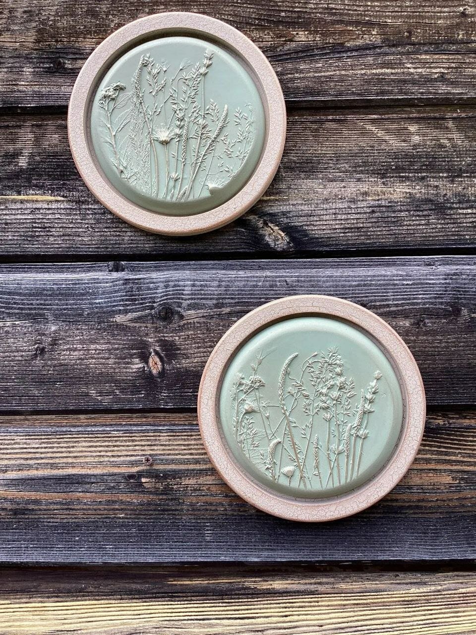 Картина из гипса, декор на стену, украшение интерьера, ботанический барельеф, панно "Цветение" 20х20х1.5 см, комплект из 2 работ