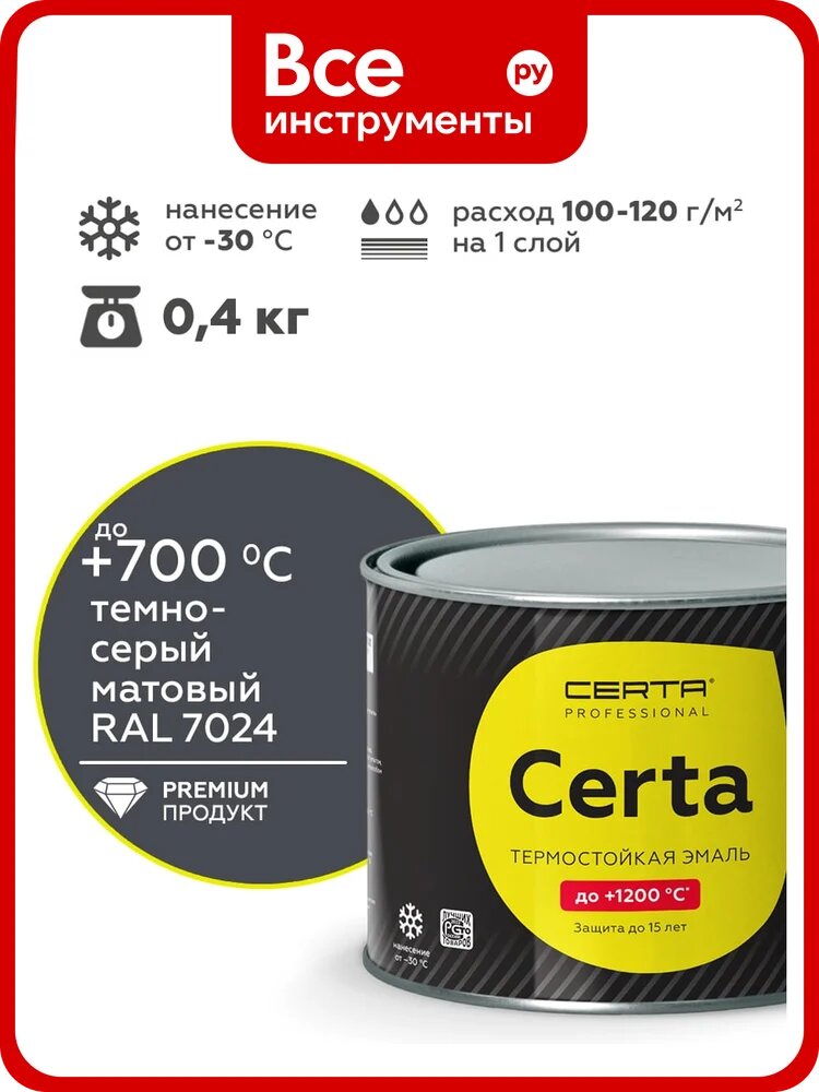 Краска термостойкая антикоррозионная Certa, темно‑серый, кремнийорганическая, быстросохнущая, для бетона и металла