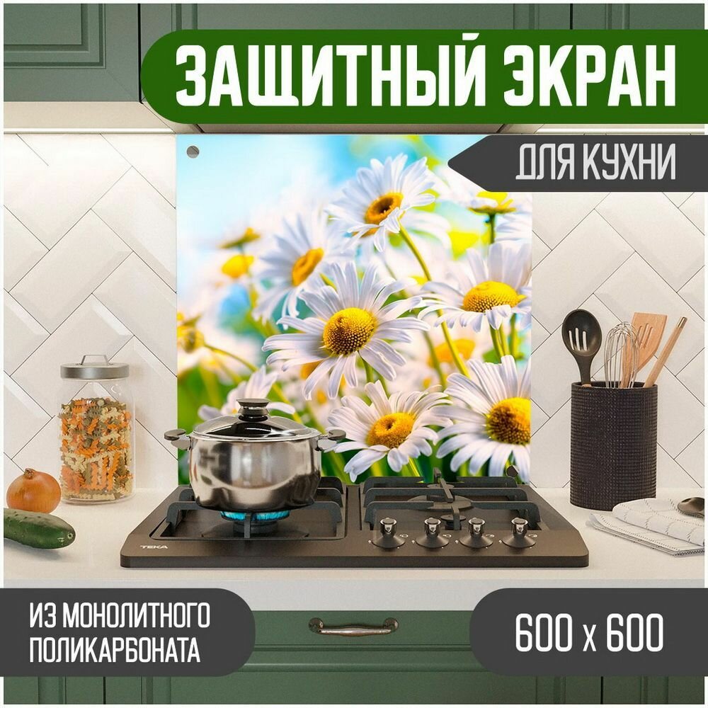 Защитный экран из акрилового стекла (поликарбонат) на кухонный фартук в зону мойки и плиты с фотопечатью. Панель на стену с рисунком Цветы 600 х 600 х 3 мм, 600-062