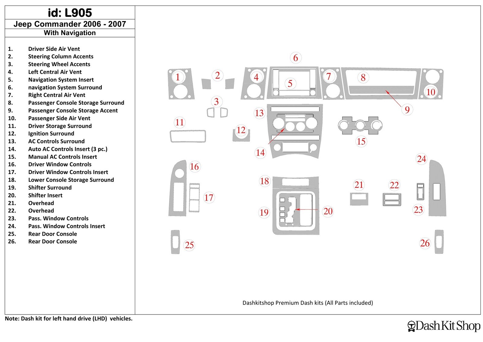 Накладки салона под дерево, карбон, алюминий для Jeep Commander 2006-2007. Комплект L905.