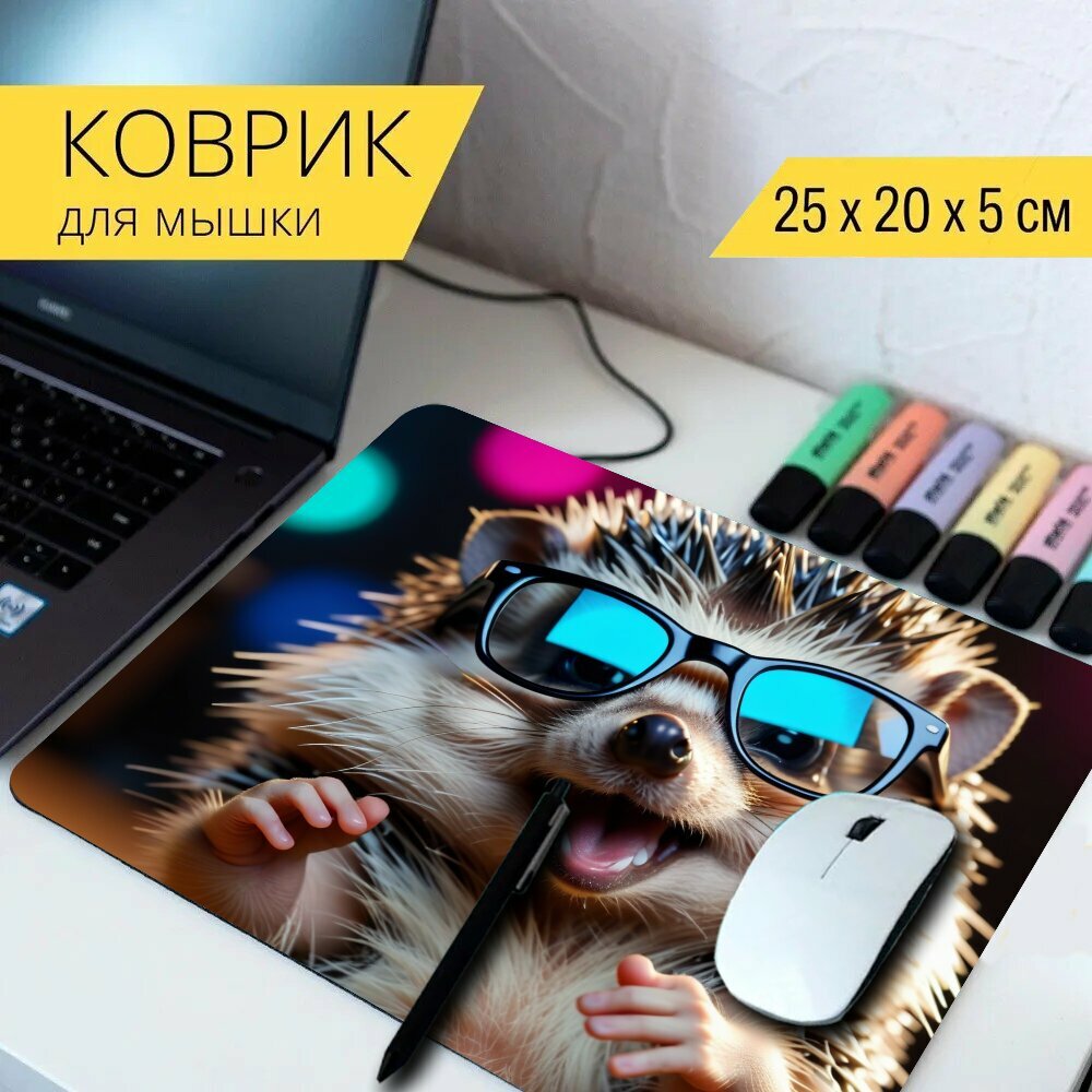 Коврик для мыши с принтом "Смешной ёжик в очках, танцующий" 25x20см.