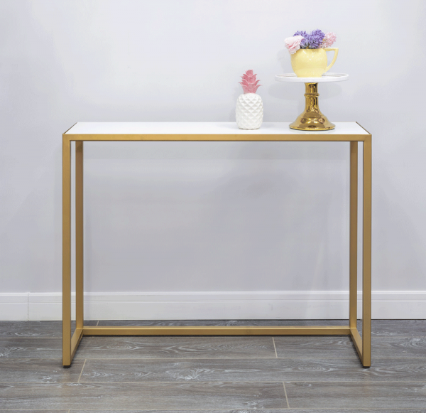 Консоль со столешницей белого цвета из МДФ на золотом основании