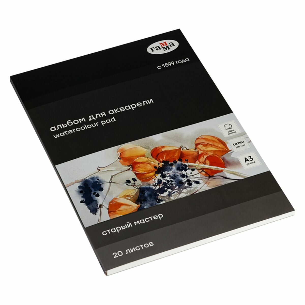 Альбом для акварели А3, 20л Гамма "Старый Мастер" (300 г/кв. м, сатин, 100% хлопок, склейка с 4-х сторон) (215535AGRC)