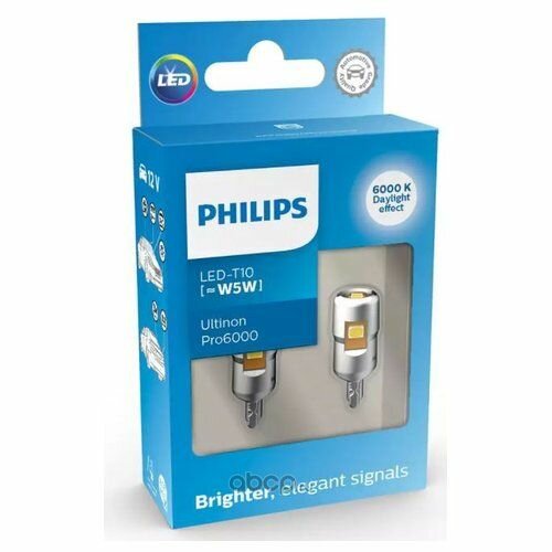 Лампа автомобильная W5W LED (W2,1x9,5d) Ultinon Pro6000 LED (упаковка 2шт.) Philips 11961CU60X2