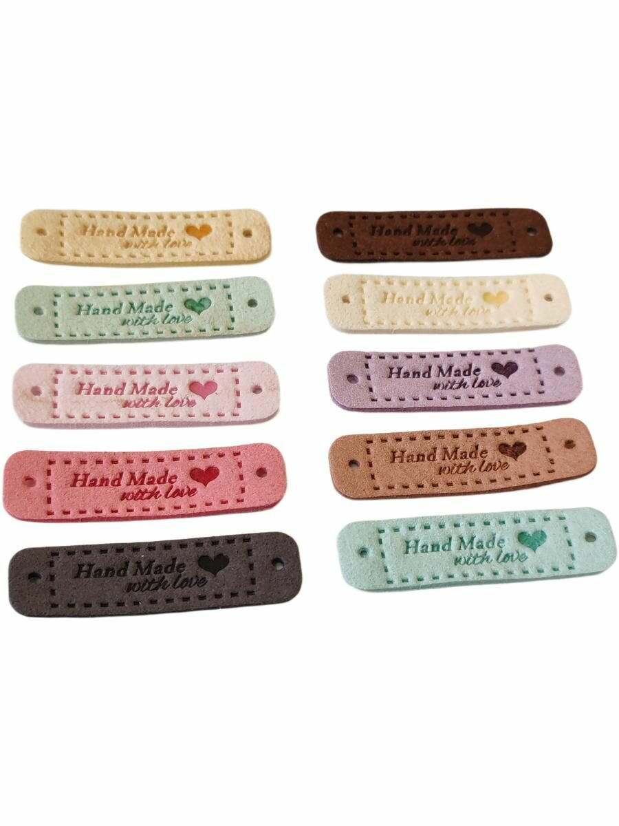 Нашивки бирки для одежды, шитья и рукоделия "HandMade". Закругленные, эко кожа. (10 разноцветных штук).