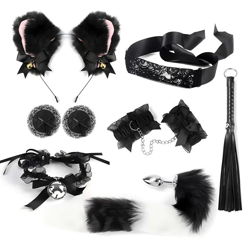 Sm секс-игрушки анальная пробка хвост комплект из 3 предметов бант кружевной воротник кошка похлопывание по руке зажим для сосков товары для взрослых партия
