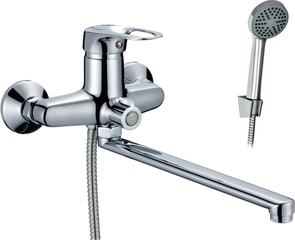 Смеситель с длинным изливом для ванны D-lin 428-6 D147428-6 с душевым гарнитуром, поворотный, металлический, хром, глянцевый, смеситель для ванны с душем, рычажный, с настенным держателем
