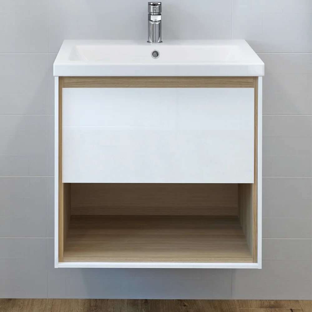 Тумба с раковиной Cersanit Лауна (Louna) 60 подвесная, 60,5 см, белая, светлое дерево, глянцевая, из МДФ, с ящиками, раковина для ванной, фарфоровая, прямоугольная, встроенный слив-перелив