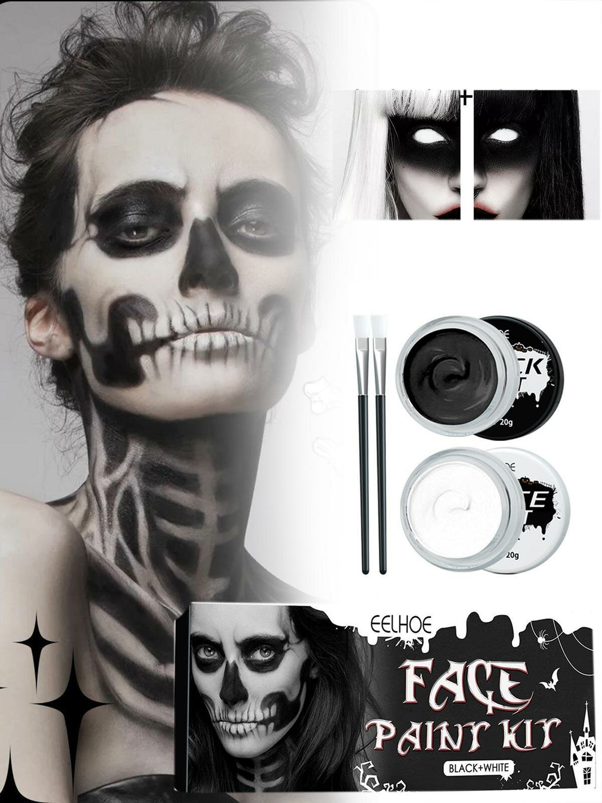 Черно-белая роспись по телу на Хэллоуин, пигмент для макияжа лица в стиле вампира и зомби-черепа