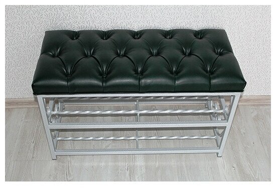 Банкетка "Венеция-12", с полками, кованая, античное серебро на белом, эко кожа, 75*35*47 см