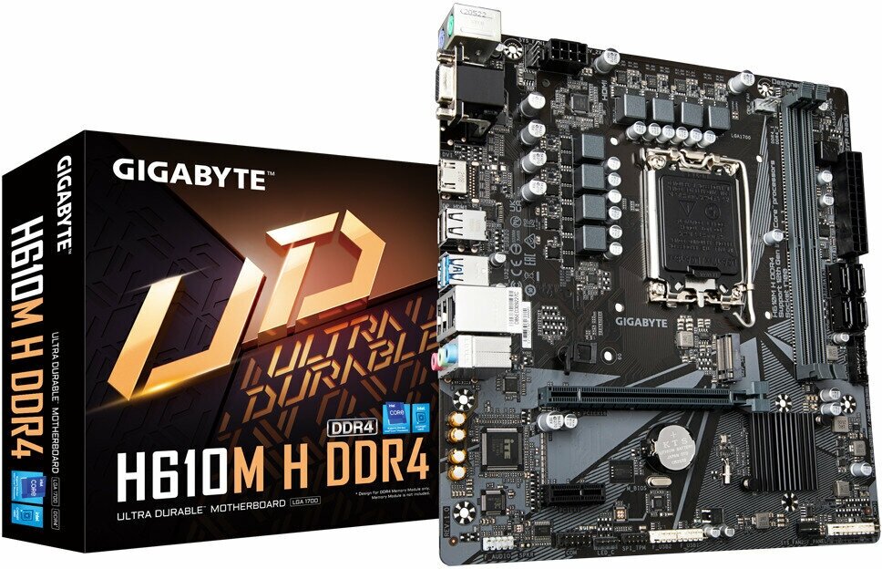 Материнская плата Gigabyte H610M H DDR4, Socket 1700, IntelB660, 2xDDR4-3200, D-SUB+HDMI, 1xPCI-Ex16, 1xPCI-Ex1, 4xSATA3(RAID 0/1/5/10), 1xM.2, 8Ch Audio, GLan, (4+4)xUSB2.0, (2+2)xUSB3.2, 2xPS/2, mATX, RTL