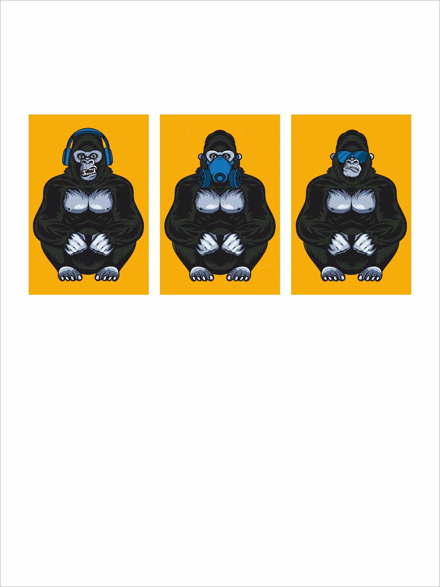 Модульная картина для интерьера на стену животные. Три гориллы на жёлтом фоне 50х75 см - 3 штуки на холсте на подрамнике