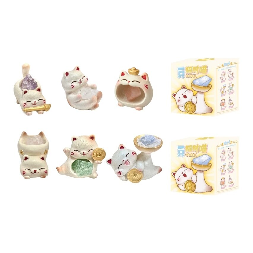 PUDOWRABBIT Cartoon Creative Wealth Meow Crystal Mystery Boxes Single Mystery Box/Full Box 6 Pcs