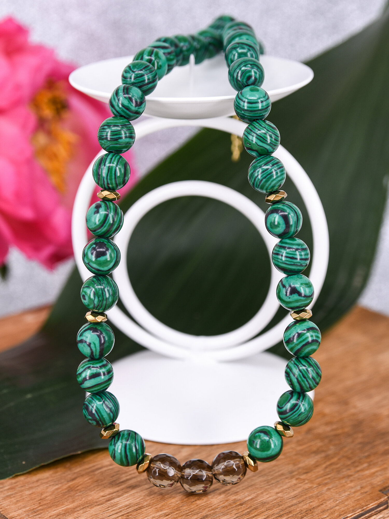 Колье, малахит, раухтопаз, гематит