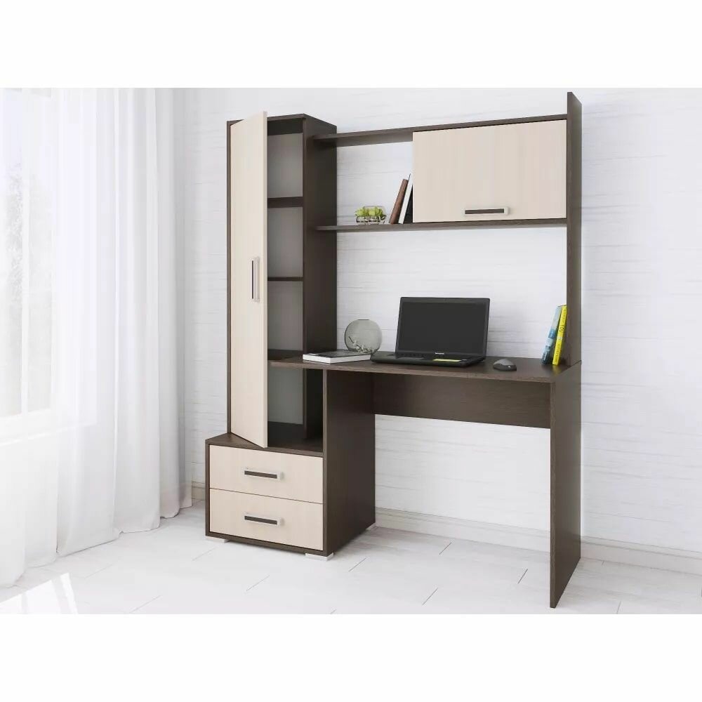 Компьютерный стол Квартет-9 Венге Цаво/Дуб молочный ЛДСП, с полками, ящиками, для спальни, гостиной, кабинета 1716х1400х550 тэкс