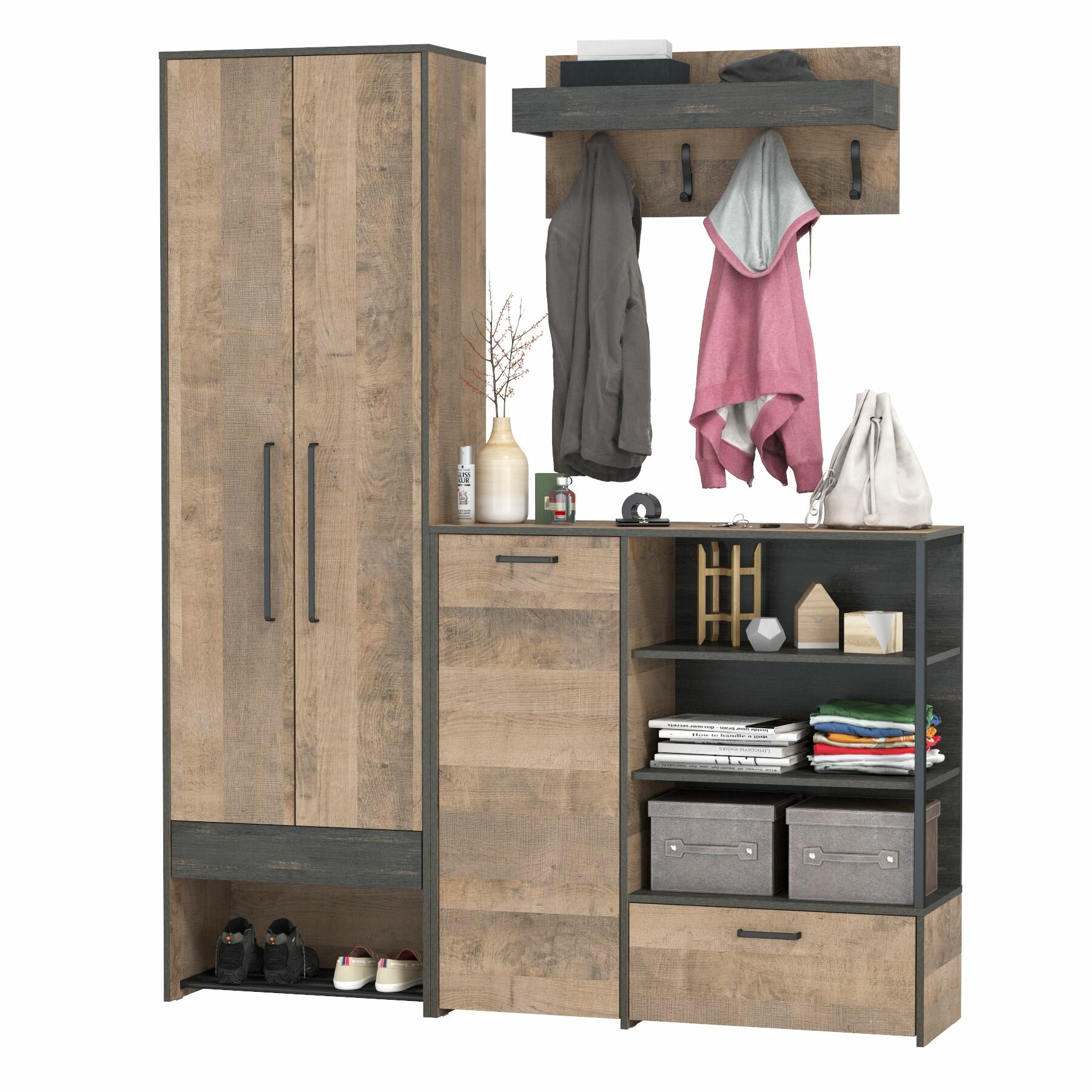 Шкаф для прихожей с вешалкой для одежды и широким комодом Трувор, цвет дуб гранж песочный/интра, ШхГхВ 172,2х37х210 см.