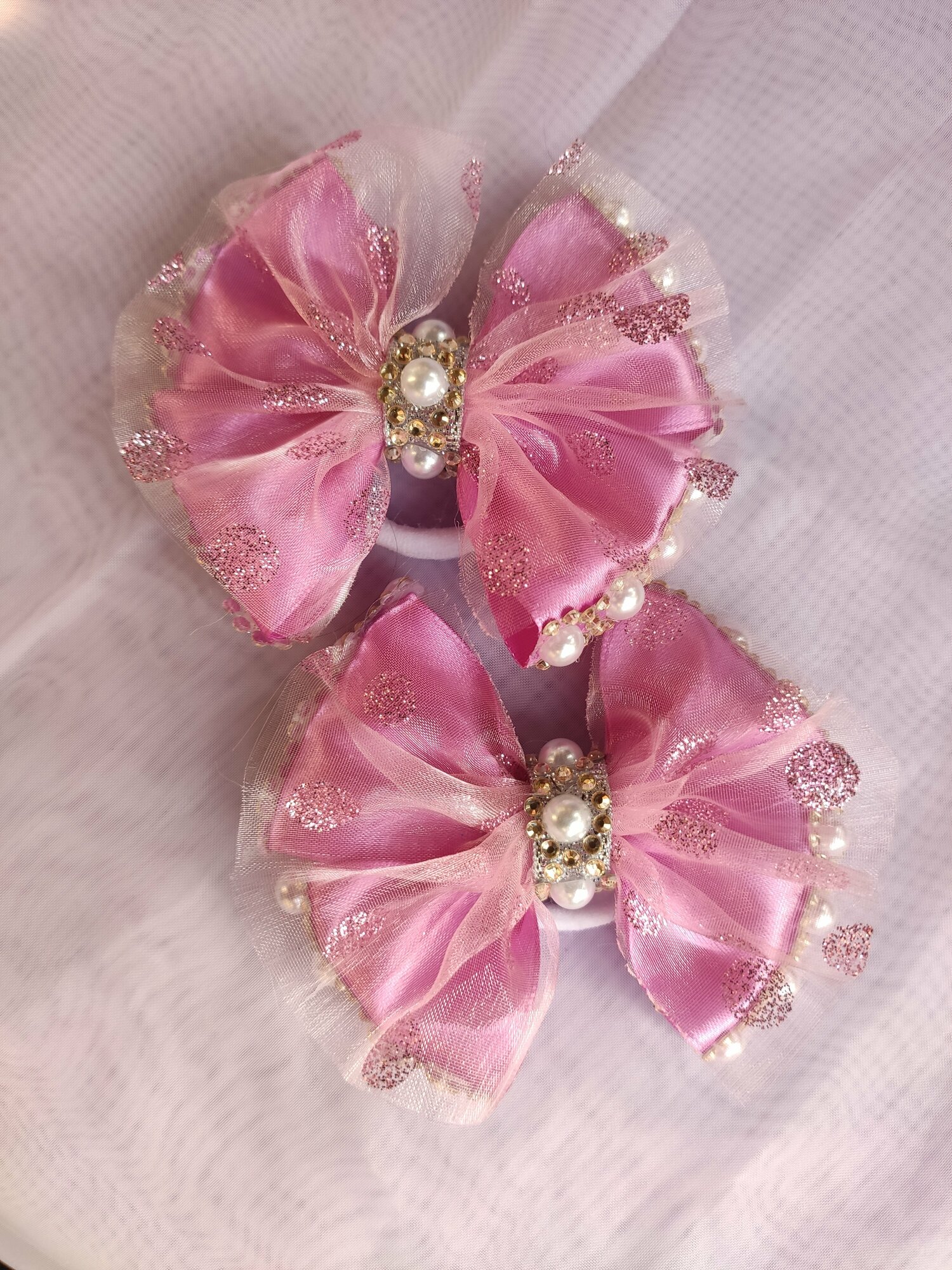 Бантики "Безделушки с любовью", розовые, со стразами, фатиновые, для девочек, 2 шт