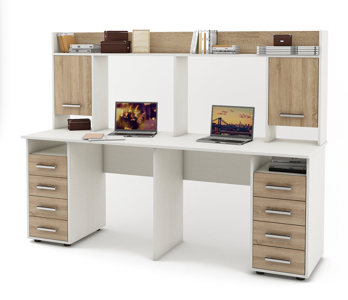 Стол письменный, стол компьютерный для двоих Остин (Ливерпуль) 20 белое дерево/дуб сонома