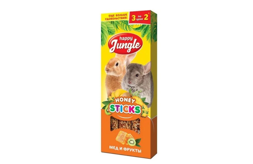 Happy Jungle Палочки для крупных грызунов мед+фрукты 3 штуки