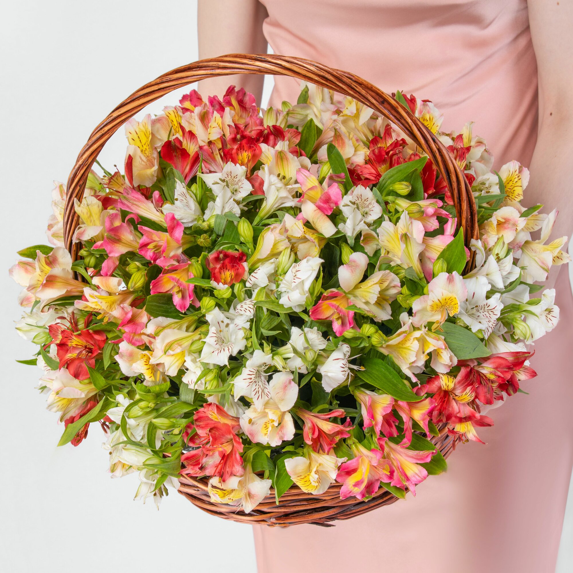 Композиция Мегацвет24 "Альстромерия микс", в корзине, на флористической губке, 51 цветок