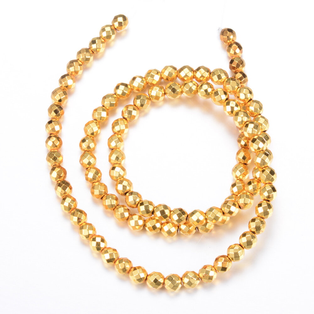 Бусины каменные гематит, металлизированный, золотой, гранёный, 10мм, 40 шт, низка