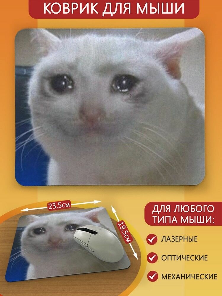 Коврик для мыши с принтом мемы плачущий кот ( коты, пушистик, кошка) - 6142