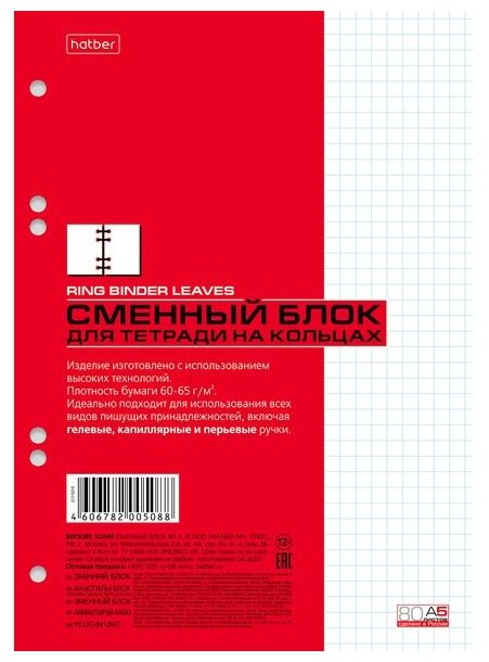 Сменный блок Hatber 80СБ5B1, A5, клетка, бумага 60г/м², без полей
