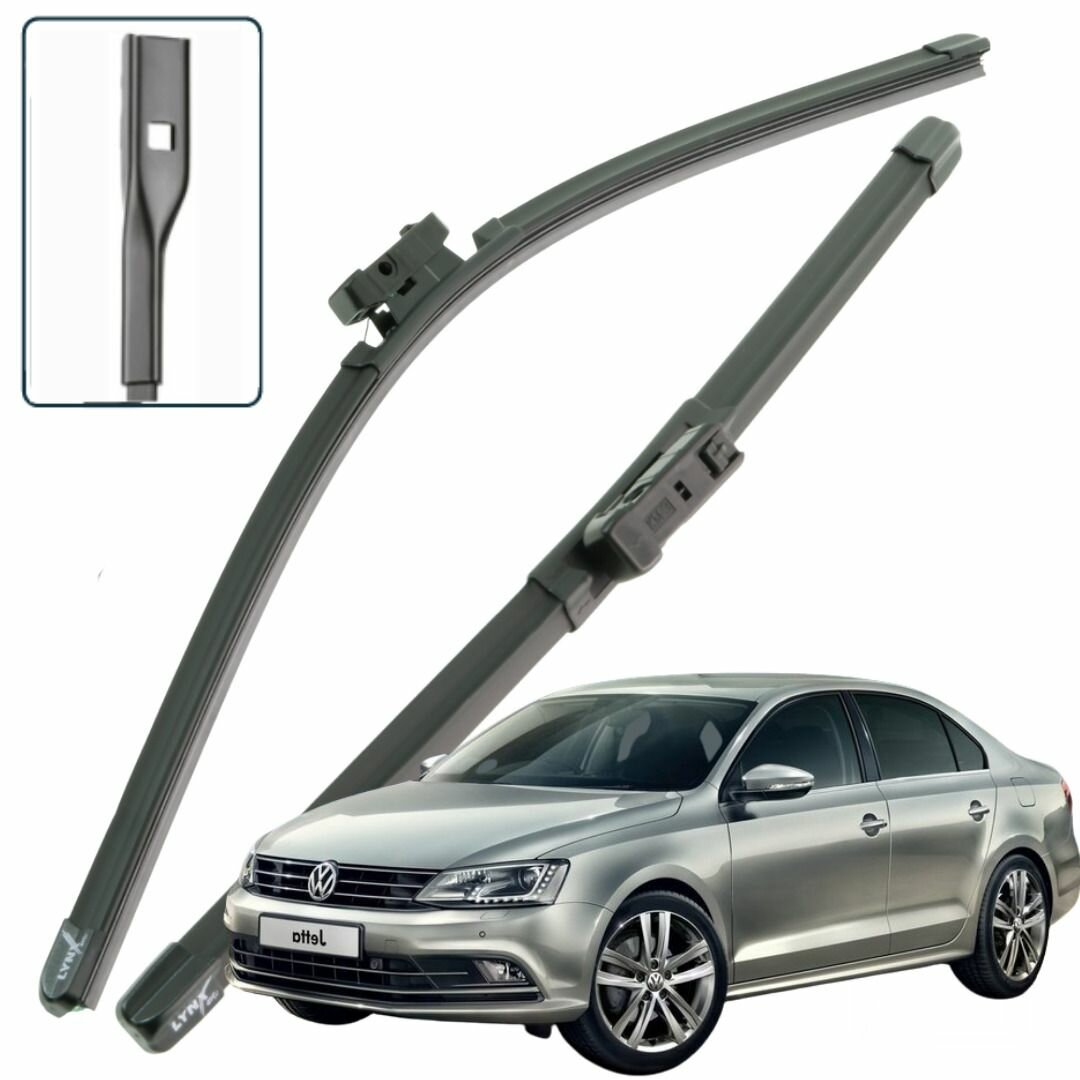 Дворники VW Volkswagen Jetta (6) NF / Фольксваген Джетта НФ рест. 2014 2015 2016 2017 2018 2019 Щетки стеклоочистителя бескаркасные автомобильные LYNXauto 600мм-480мм к-т 2шт.
