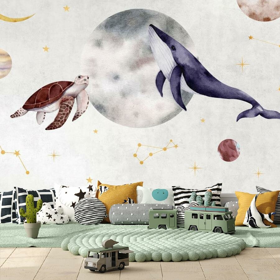 Фотообои Кит и планеты 12-1798-S-Холст 270 x 200 см (ВхШ) Бесшовные, флизелиновые, влагостойкие обои