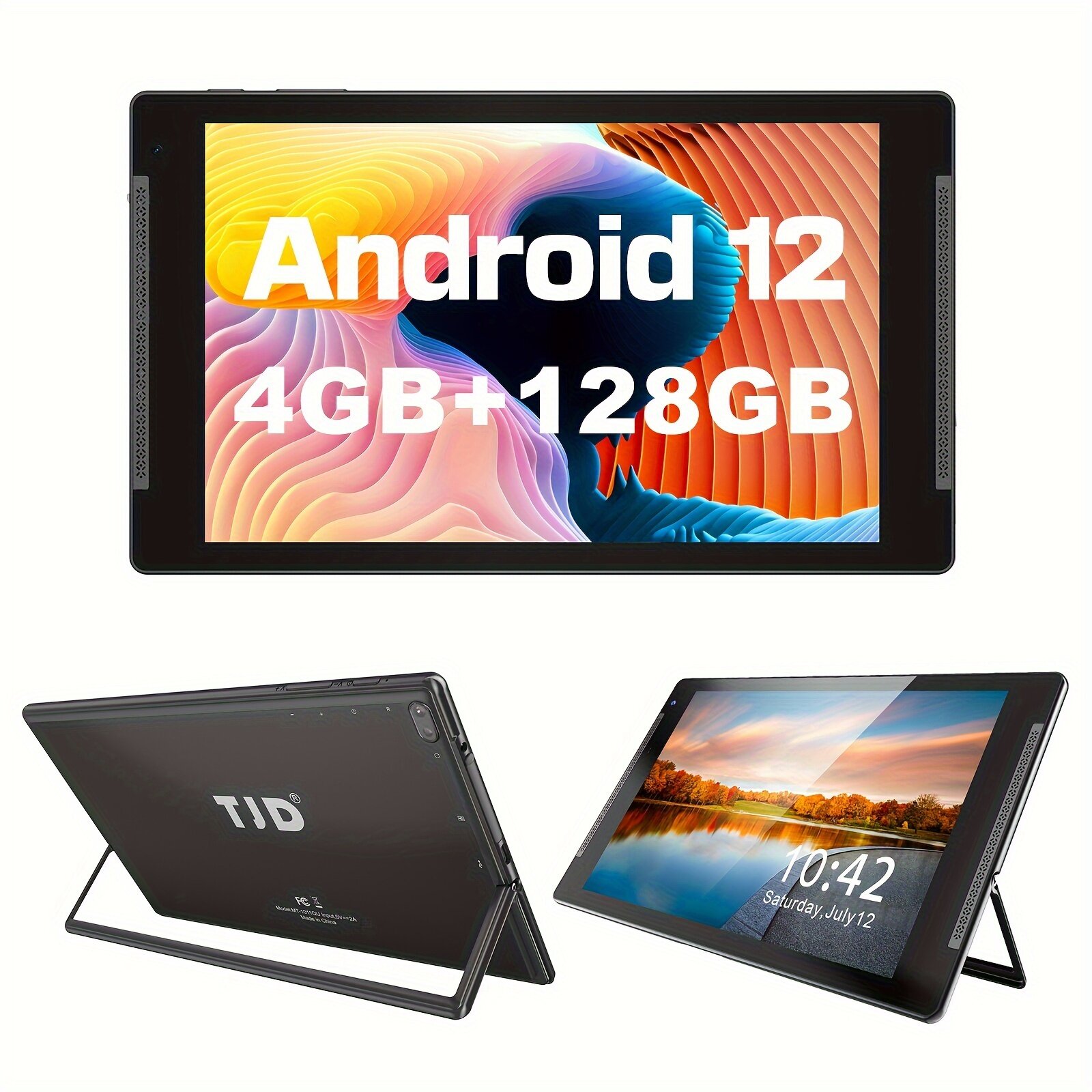 Планшет TJD Android 12, 10,1-дюймовый планшет PC, 4 ГБ ОЗУ, 128 ГБ ПЗУ, 512 ГБ MicroSD, FHD IPS дисплей, двойная камера, стереодинамики, Wi-Fi 5.0/2.4, BT5.0, сертифицированный (черный)