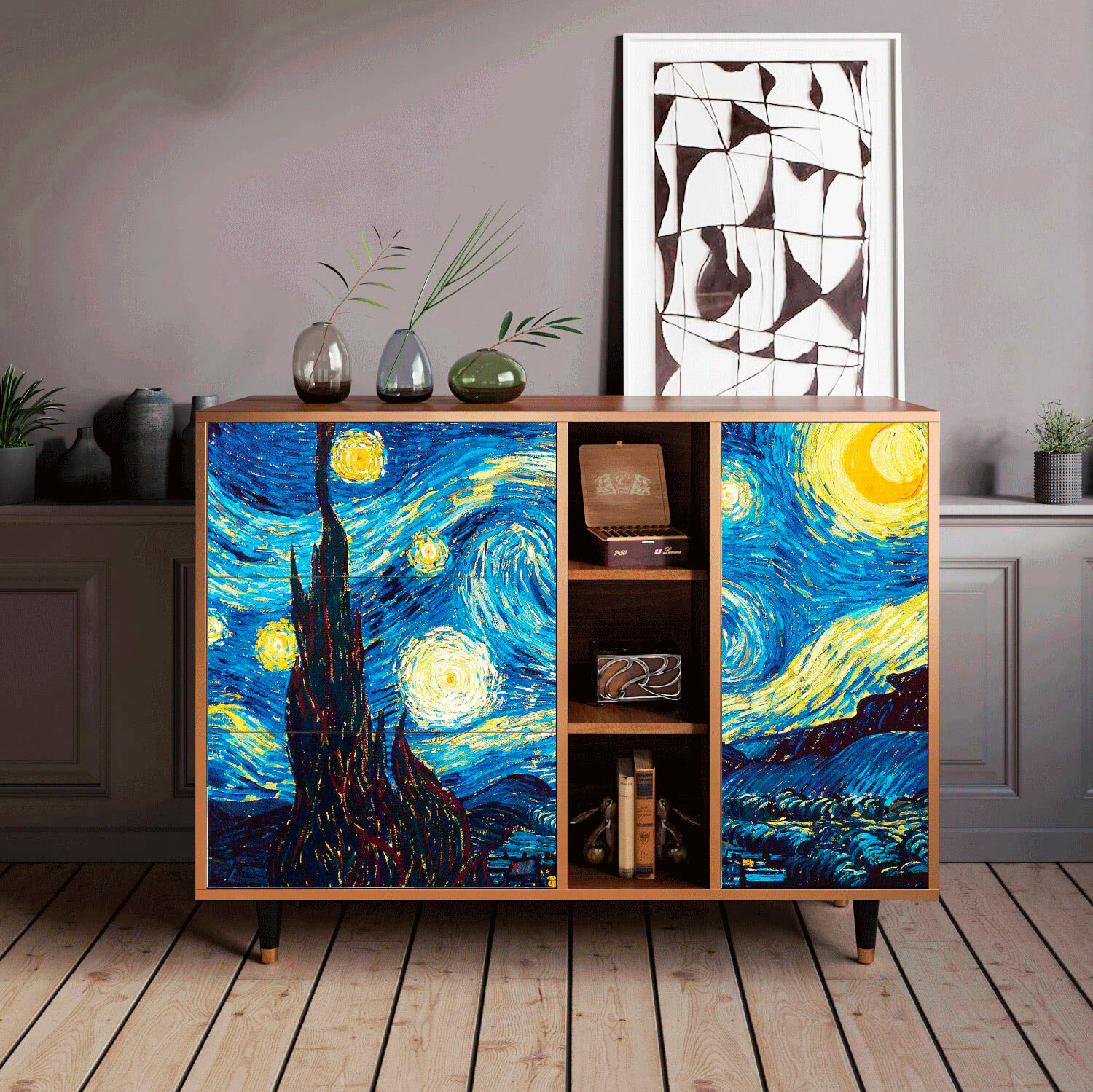 Комод - STORYZ - BS2 The Starry Night by Vincent van Gogh, Разер - 125 x 97 x 48 см , Цвет корпуса - Орех