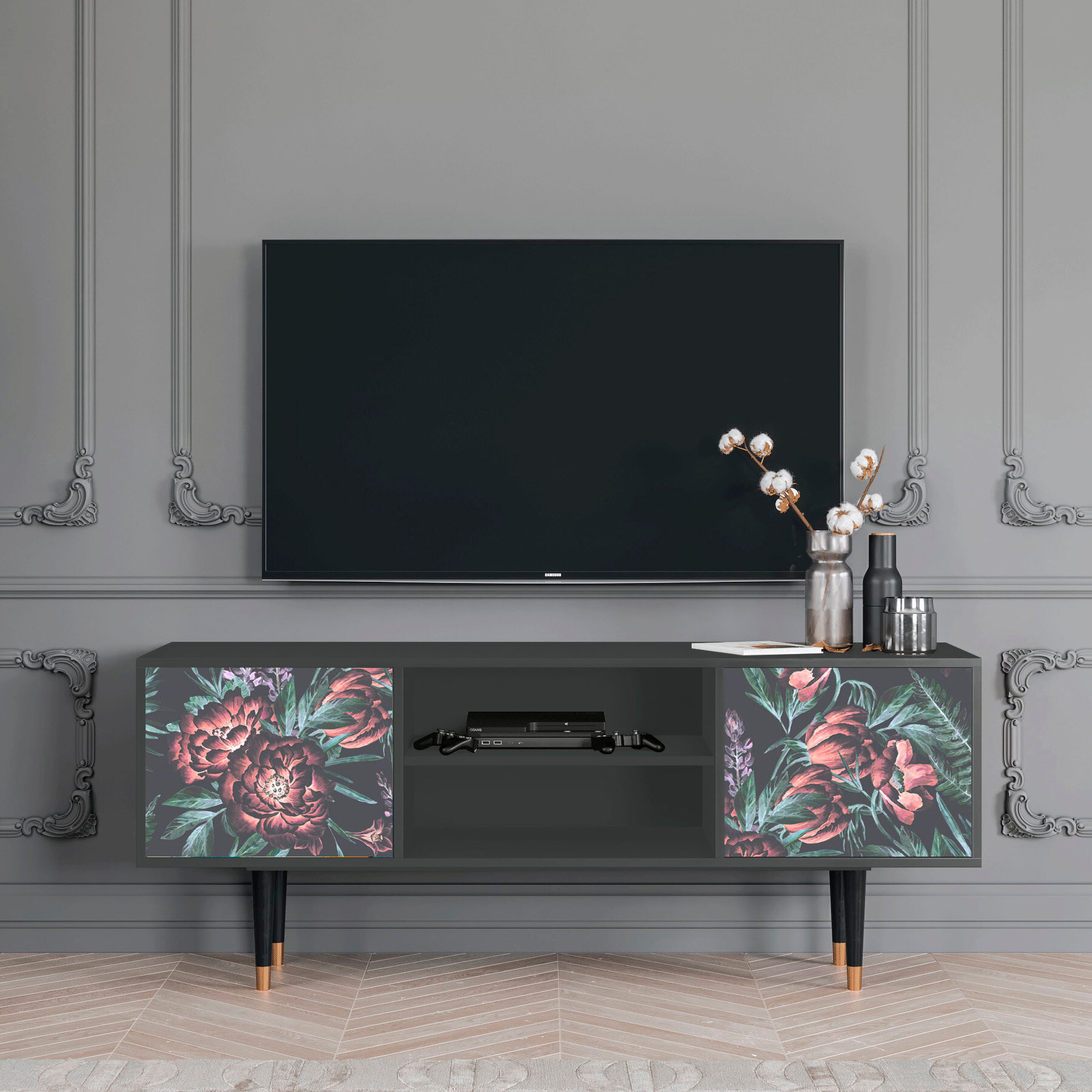 ТВ-Тумба - STORYZ - T2 Dark Peonies, Размер - 170 x 69 x 48 см, Цвет корпуса - , Антрацит