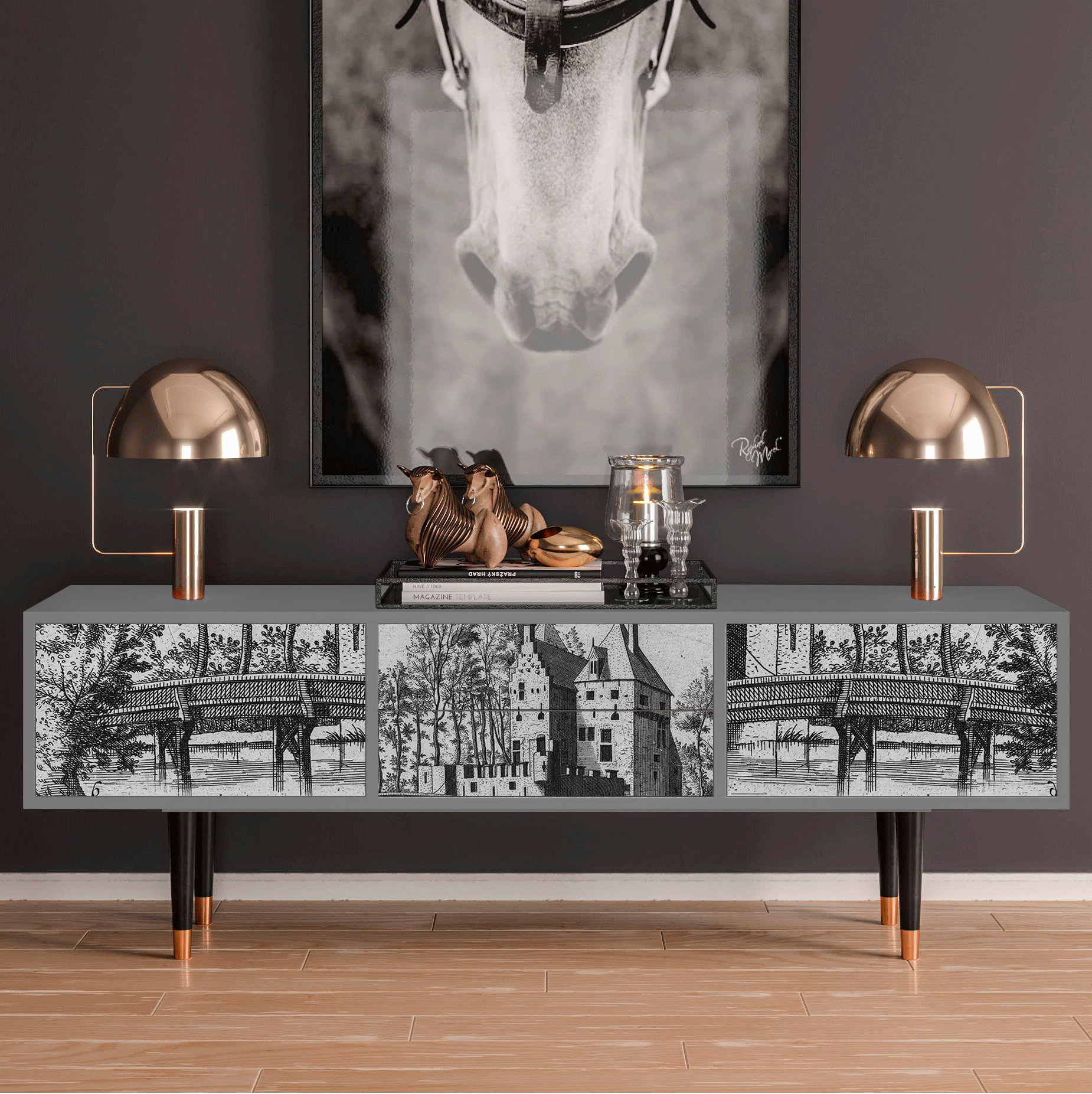 ТВ-Тумба - STORYZ - T4 Castle with Lift Bridge by Pieter Breugel , Размер - 170 x 59 x 48 см, Цвет корпуса - , Серый