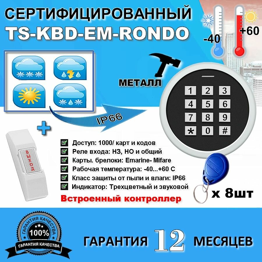 Кодовая панель TS-KBD-EM Rondo с кнопкой. СКУД