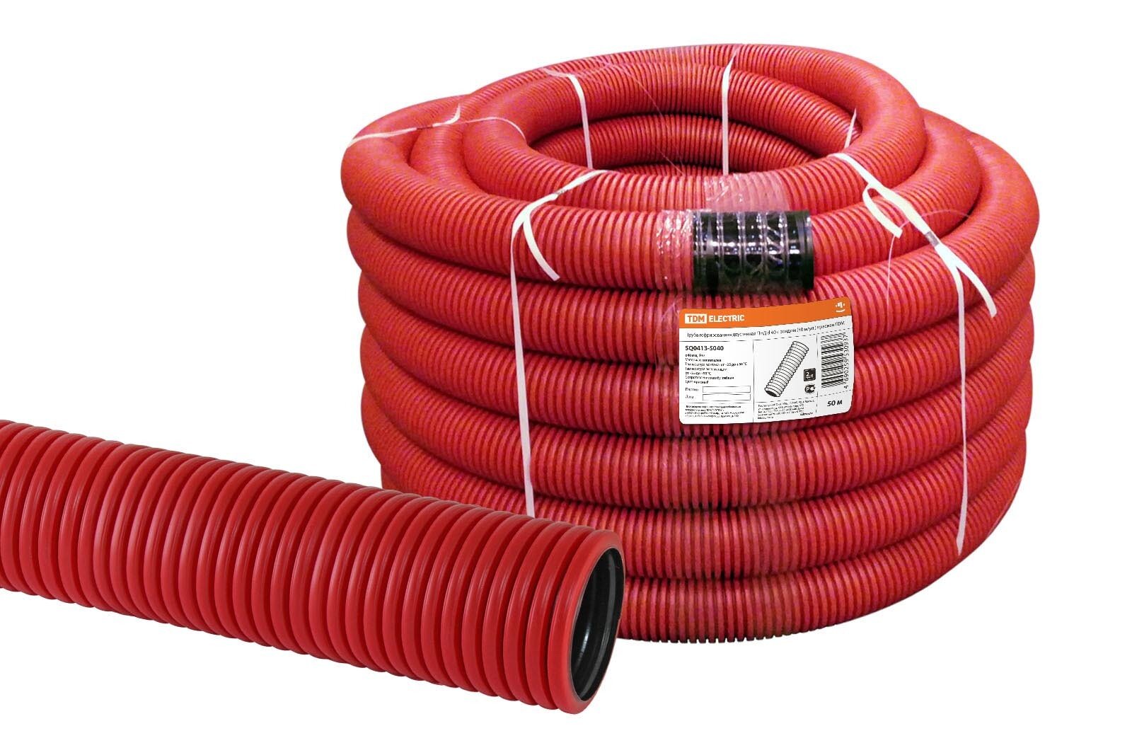 Гофра для кабеля двустенная 40мм ПНД с зондом 50 метров красная TDM Electric