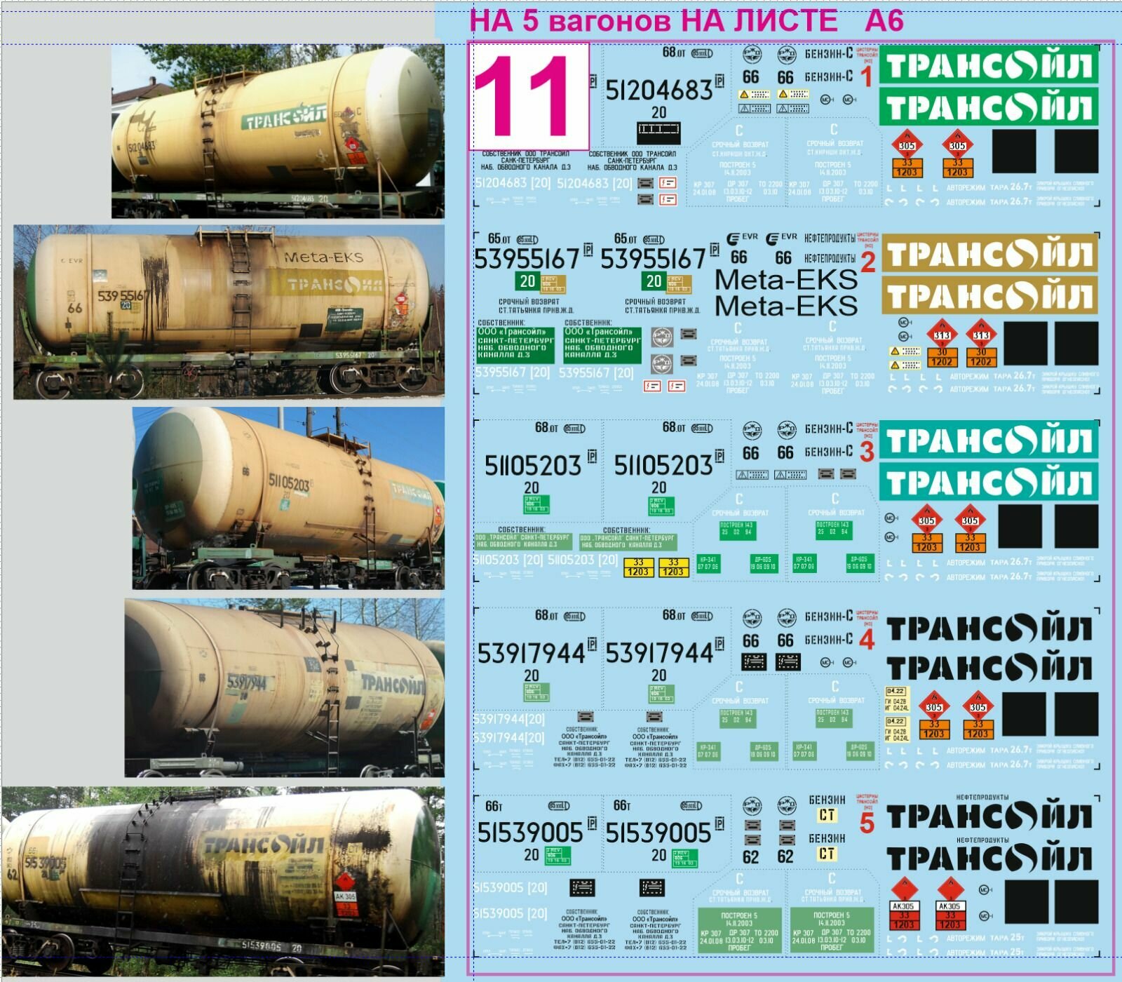 2D Декаль: Цистерна ТрансОйл, № 11, Бензин-С, Котёл 66, РФ, эпоха V, масштаб HO, 1:87