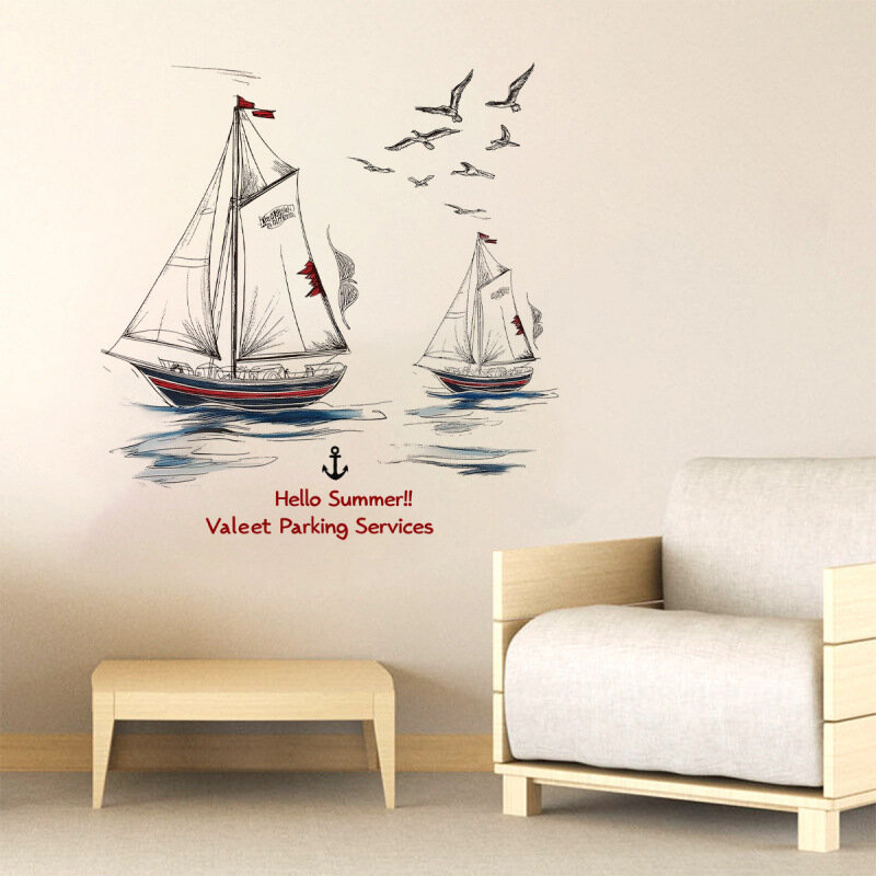 Наклейки на стену с парусниками, морские обои, самоклеящиеся съемные ПВХ-наклейки на стену с чайками и океанскими волнами, декор в морской тематике для гостиной, спальни, детской комнаты, кабинета, 60x90 см