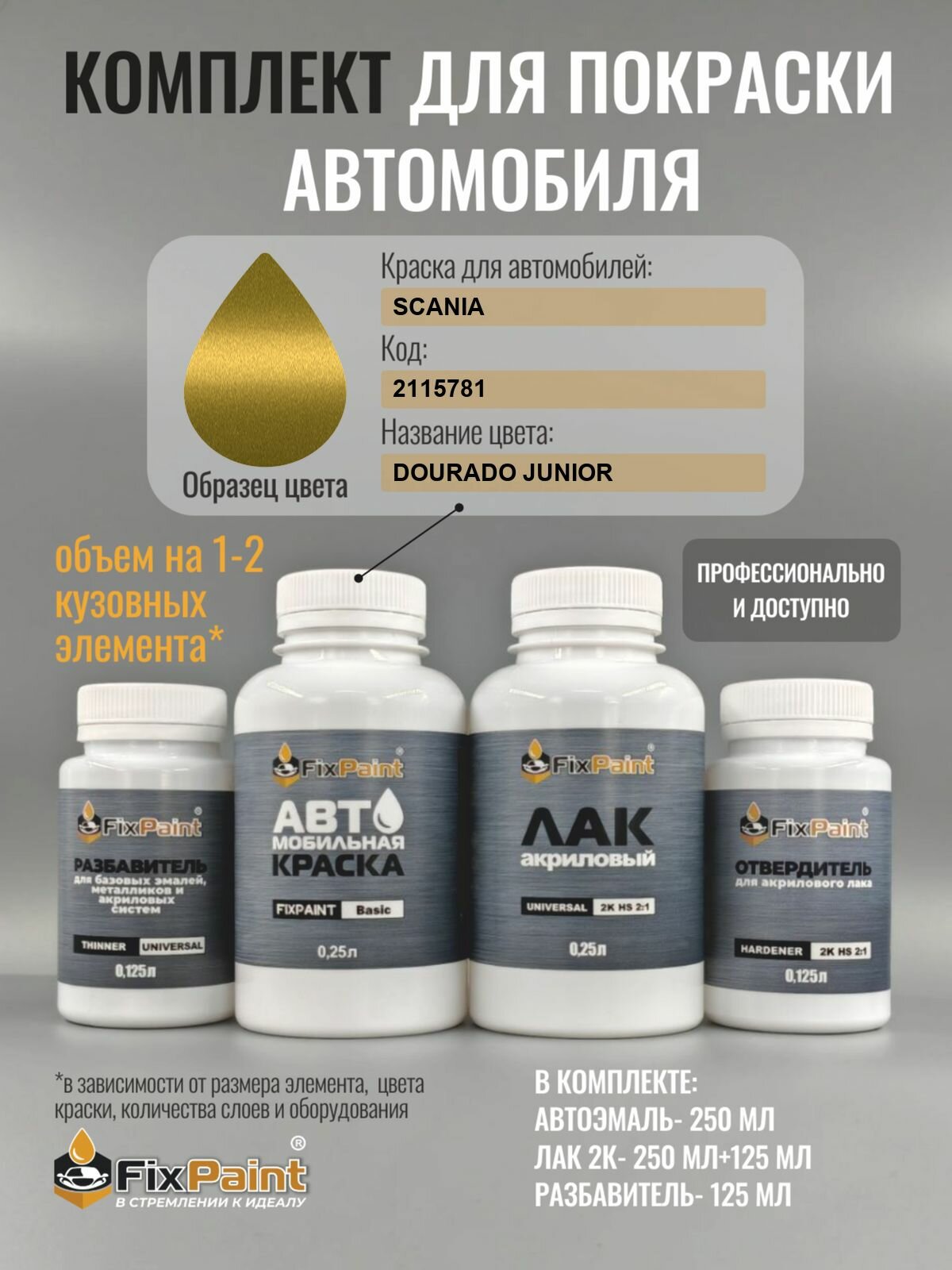 Комплект для покраски SCANIA, код 2115781, DOURADO JUNIOR, базовая автомобильная краска 250 мл, лак 2K 250 мл с отвердителем, разбавитель 125 мл, FixPaint Pro