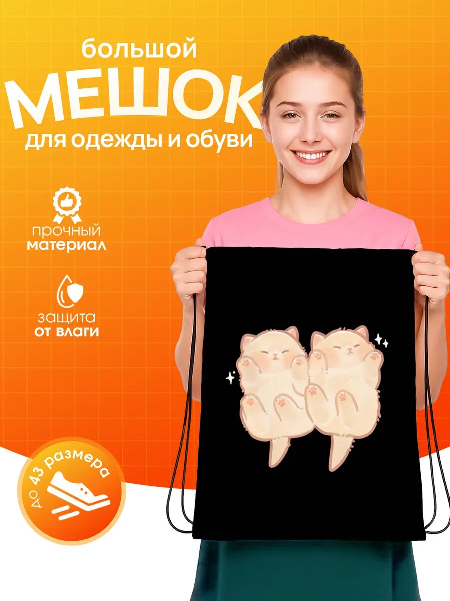 Мешок для сменной обуви в школу большой водоотталкивающий для девочек котята
