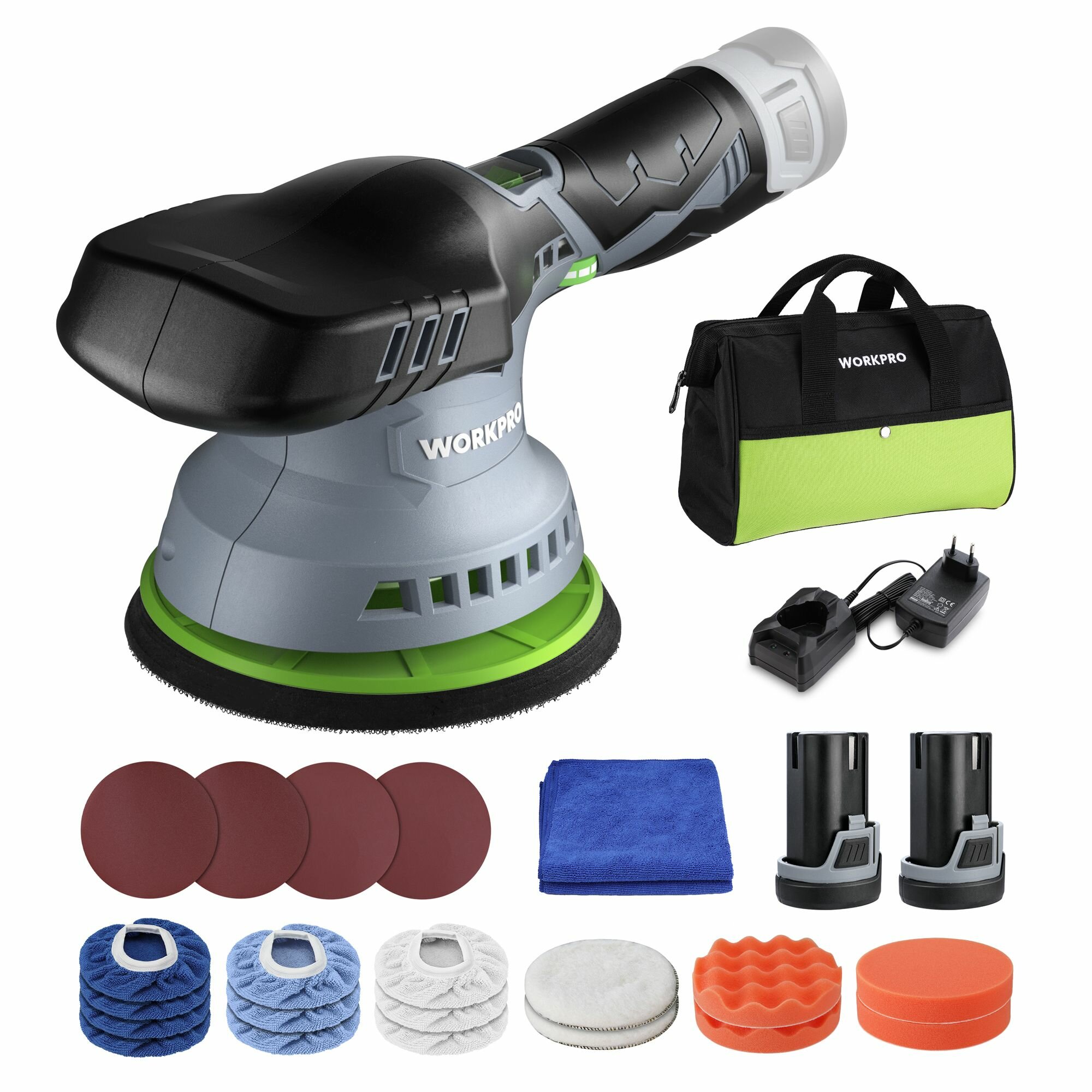 WORKPRO Аккумуляторная полировальная машинка 12 В 150 мм, комплект эксцентриковой полировальной машинки для автомобиля с 2 батареями