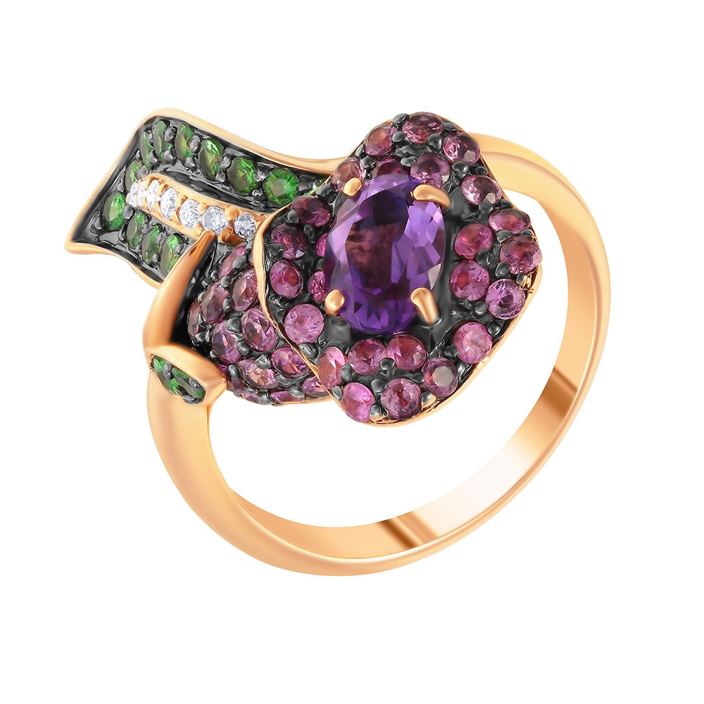 Кольцо JV, красное золото, 585 проба, бриллиант, аметист, сапфир, цаворит