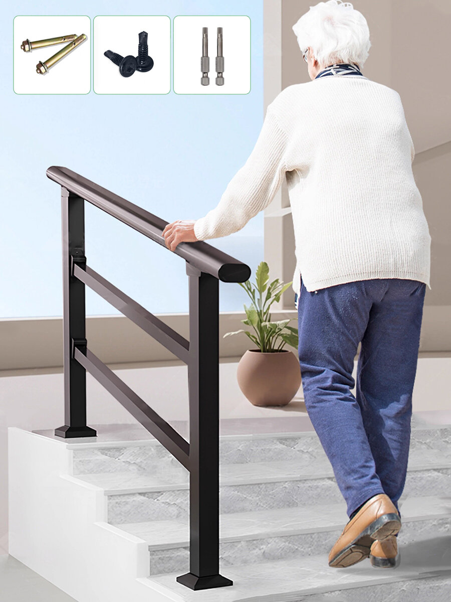 Кованые перила для лестницы (3 перекладины + 2 стойки), черное уличное ограждение для балкона, крыльца и ступеней