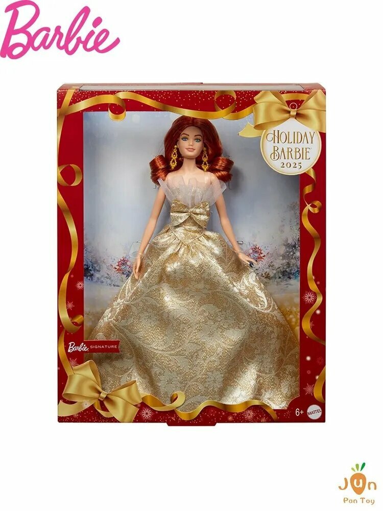 Mattel Barbie Signature 2025 Holiday Doll JBJ04 / игрушки для девочек, модная кукла барби, с рыжими вьющимися волосами, в золотистом платье, подходит в качестве подарки на новый год 2026