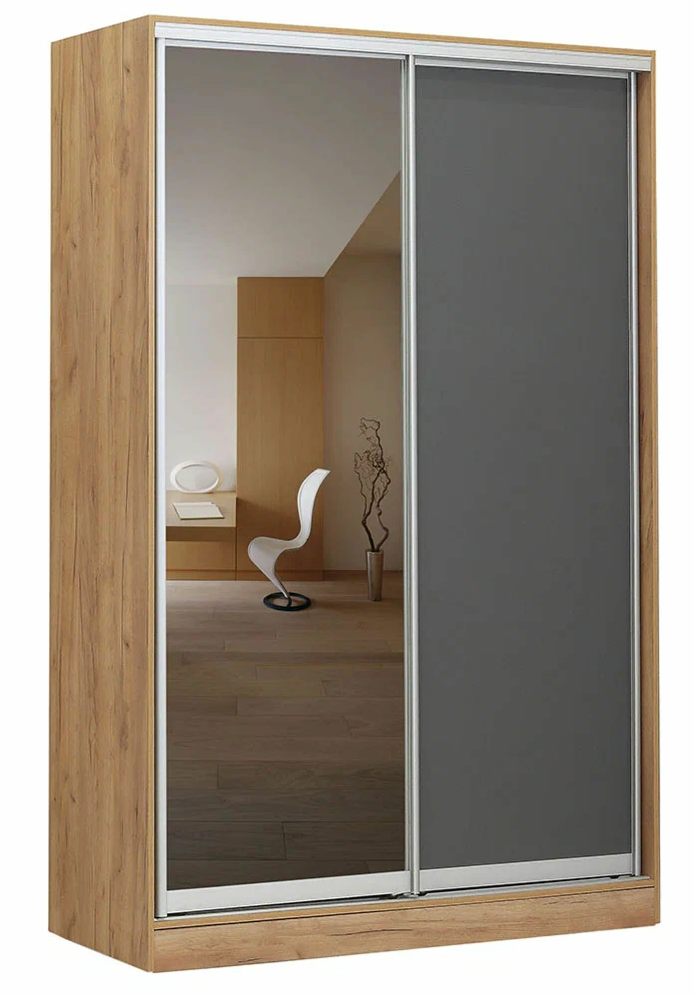 Шкаф-купе двухдверный с зеркалом 154х59х230 вариант 2, дуб крафт золотой/графит серый