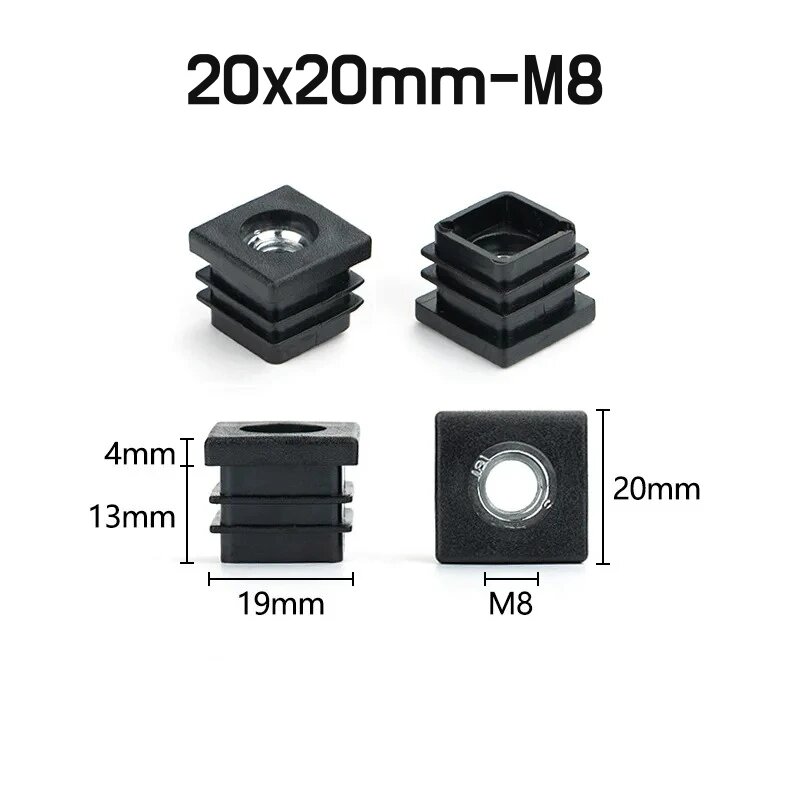 Черные заглушки для мебельных ножек 20x20mm-M8, 4шт