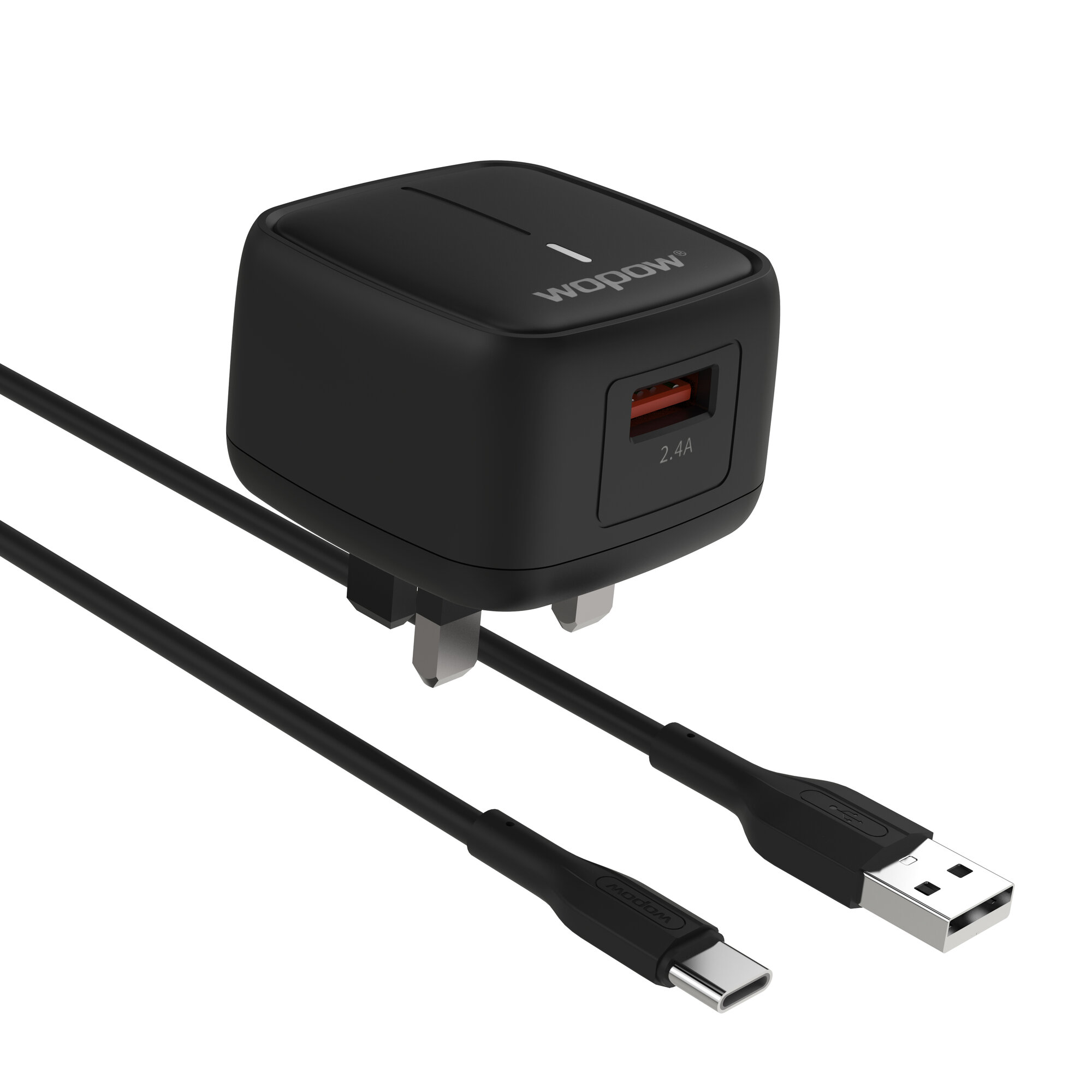 Wopow WA02-C Зарядное устройство USB для путешествий KIT с кабелем USB Type-C черный, материал 94V0 антипожарный ПК, размер 50*51*54.5 мм, вес 68 г, вес KIT 110 г, вход AC100-240V 50/60Hz 0.45A, выход DC5V/2.4A, кабель USB Type-C 120см белый в комплекте